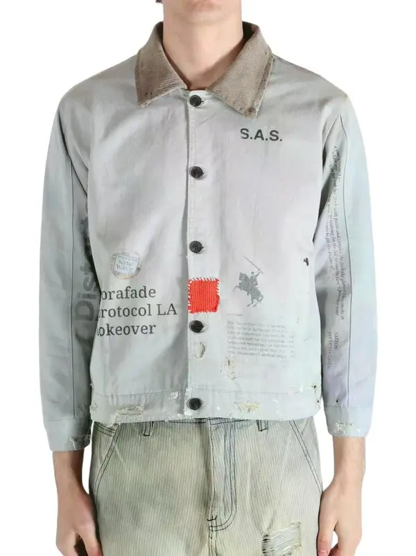 SAITOS Distressed Graphic Print Cotton Jacket - Grey