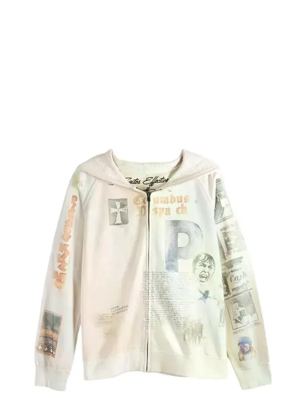 SAITOS Long Live Rock Distressed Cotton Hoodie - Neutrals