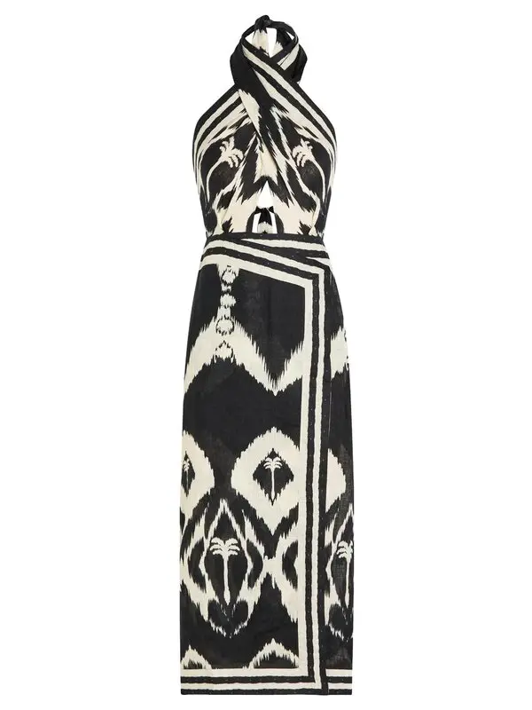 Johanna Ortiz Halterneck Linen Midi Dress With Printed Detail - Black