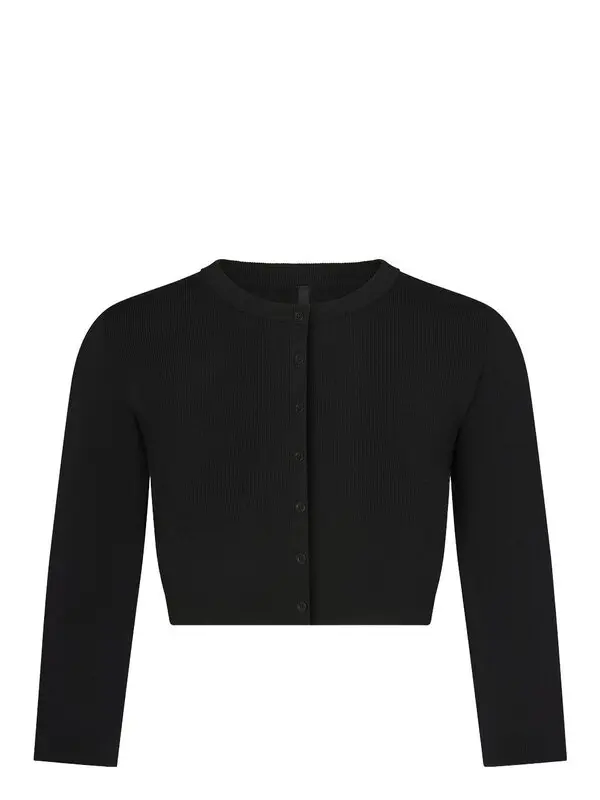 SKIMS Cropped Knit Cardigan With Crew Neckline And 3/4 Sleeves - Black