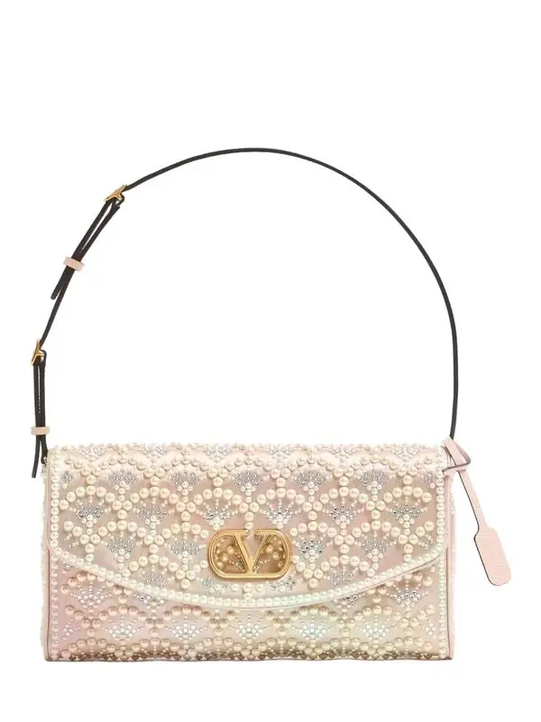 Valentino Garavani Small Shoulder Bag With Pearls And Rhinestones - Neutrals
