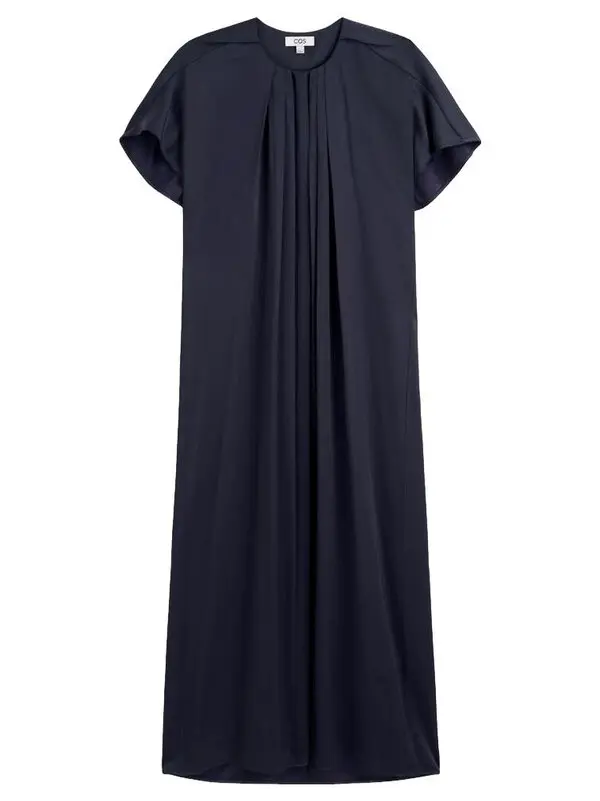 Cos Pleated Satin Midi Dress - Navy