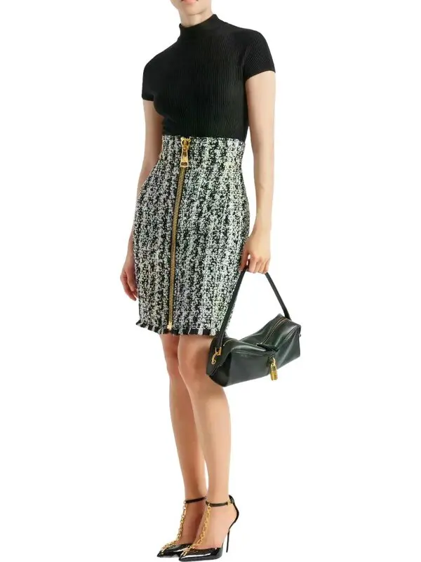 Balmain Two-tone Tweed Skirt With Gold Zip Detail - Black