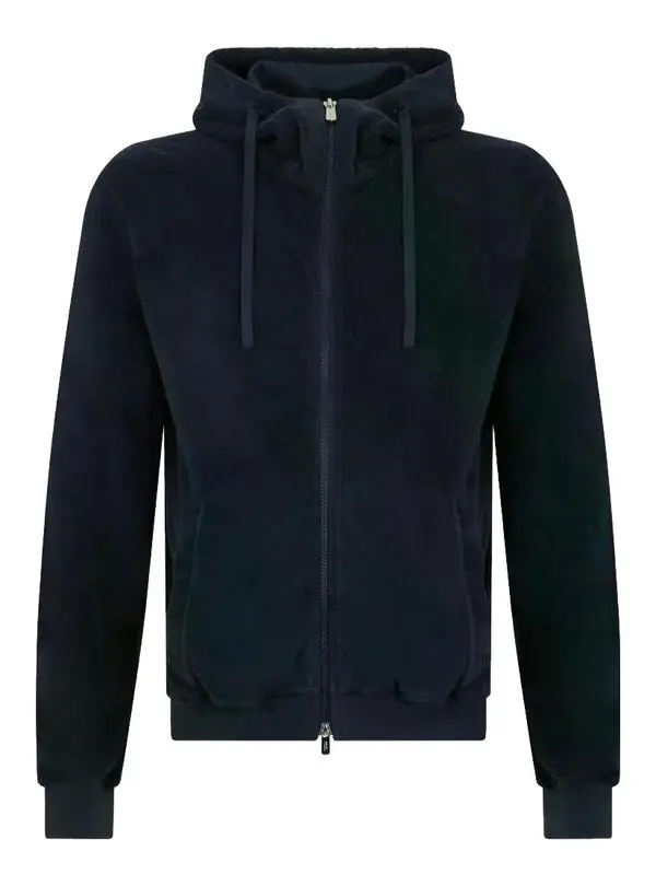 Fedeli Zip-up Drawstring Hoodie In Dark Cotton Terrycloth - Blue