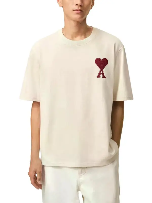 AMI Paris De Coeur Zigzag-embroidered T-shirt - Neutrals