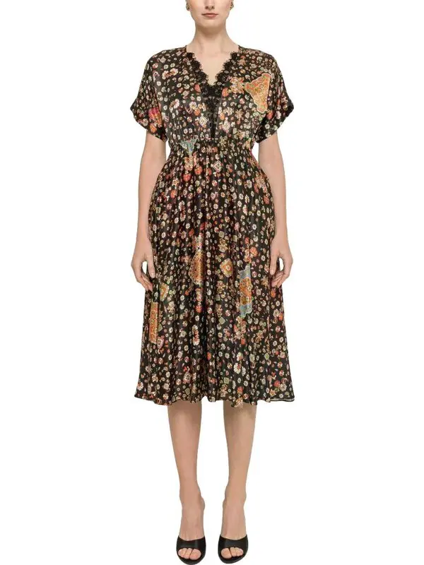 NISSA Floral Print Viscose Midi Dress - Black