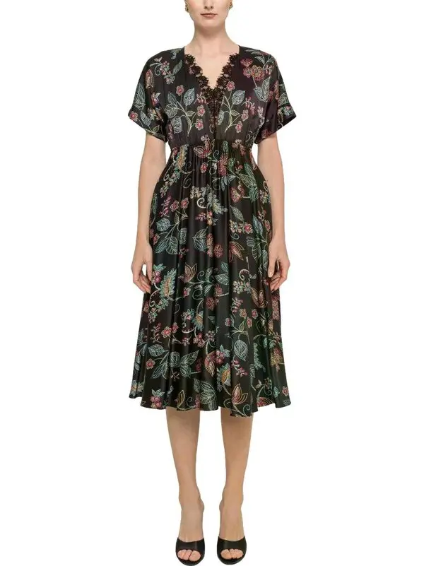 NISSA Floral Print Viscose Midi Dress - Black