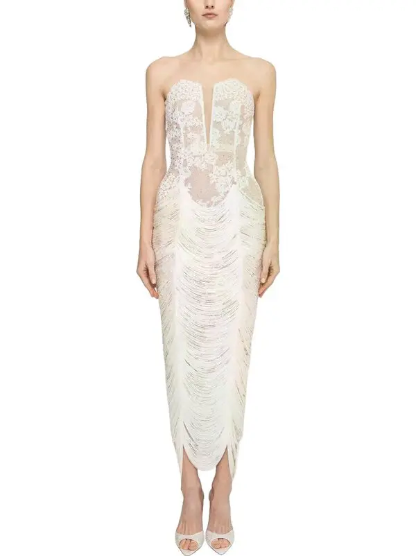 NISSA Fringed-hem Lace Midi Dress - Neutrals
