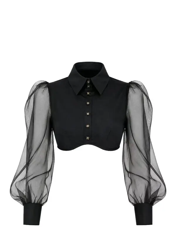 Elisabetta Franchi Sheer Organza Sleeve Cropped Shirt - Black