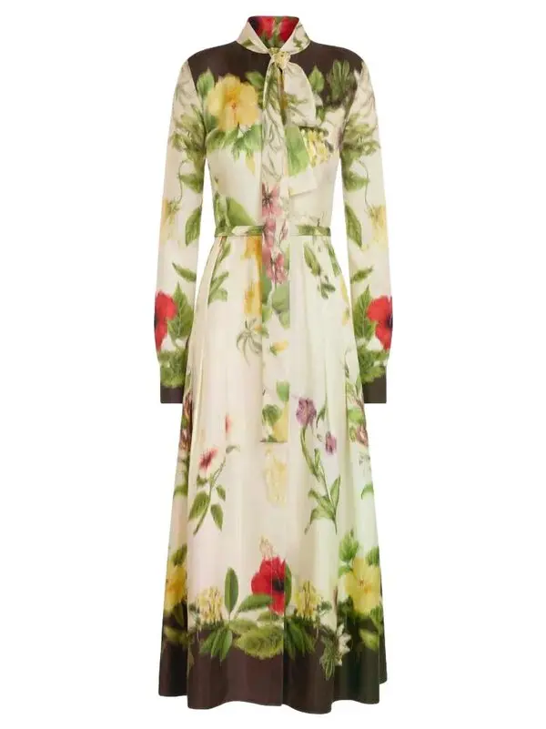Oscar De La Renta Beige And Brown Floral Print Midi Dress - Neutrals