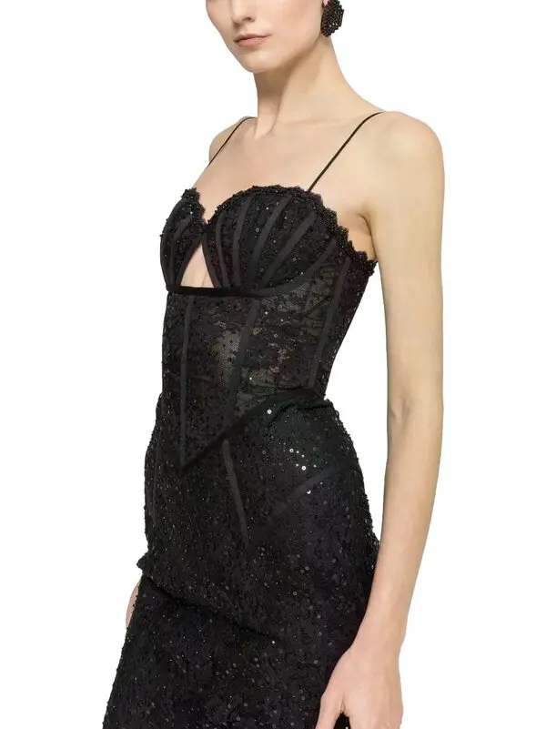 NISSA Exaggerated Hip Lace Midi Dress - Black