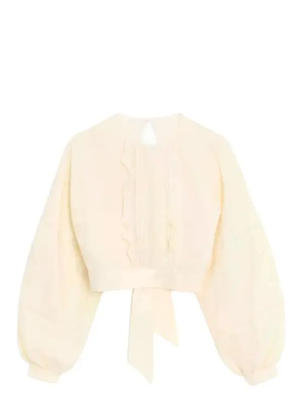Valentino Garavani Couture Linen Top With Lace Entredéux And Bow Detail - Neutrals