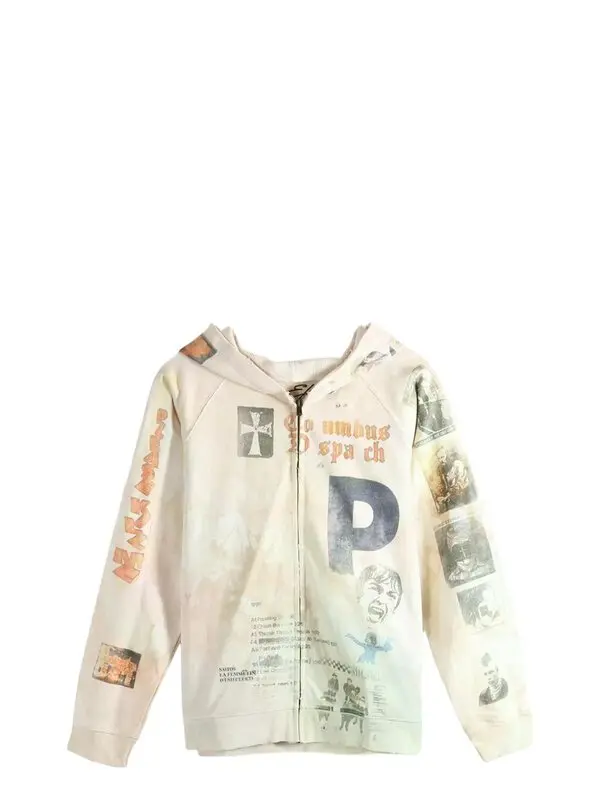 SAITOS Long Live Rock Distressed Zip-up Hoodie - Neutrals