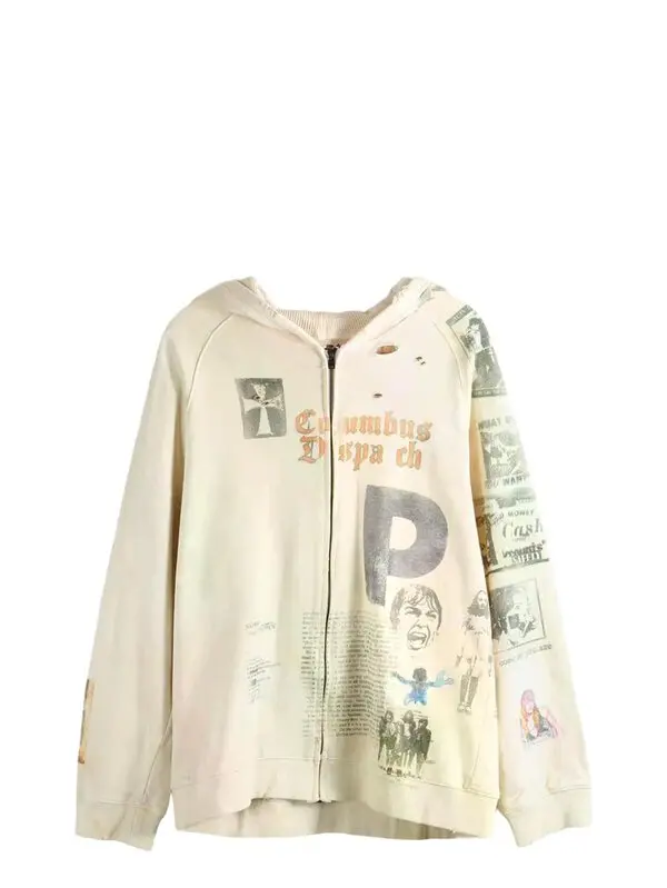 SAITOS Long Live Rock Graphic-print Distressed Zip-up Hoodie - Neutrals