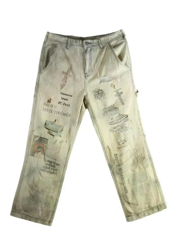 SAITOS Distressed Graphic-print Work Trousers - Grey