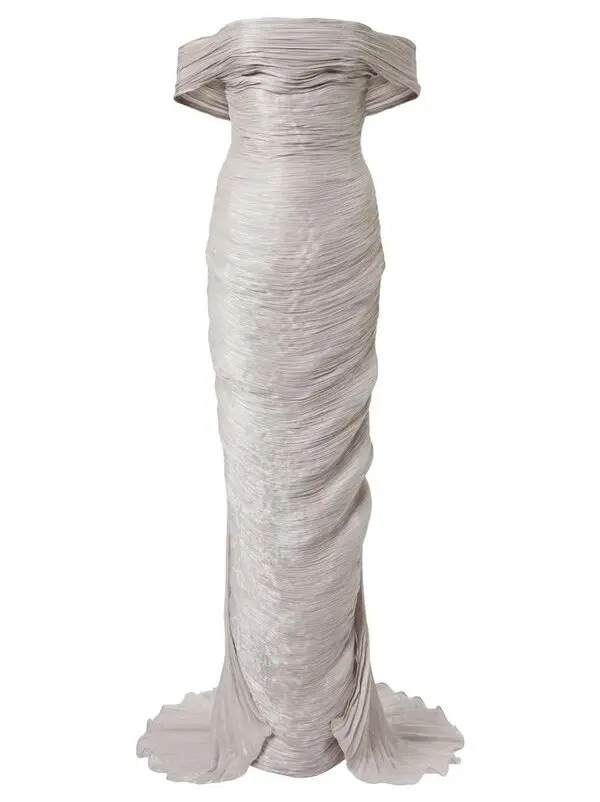 MARMAR HALIM Off-shoulder Pleated Bustier Gown - Silver