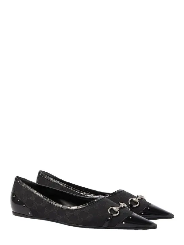 Gucci Horsebit Gg Canvas Studded Flats - Black