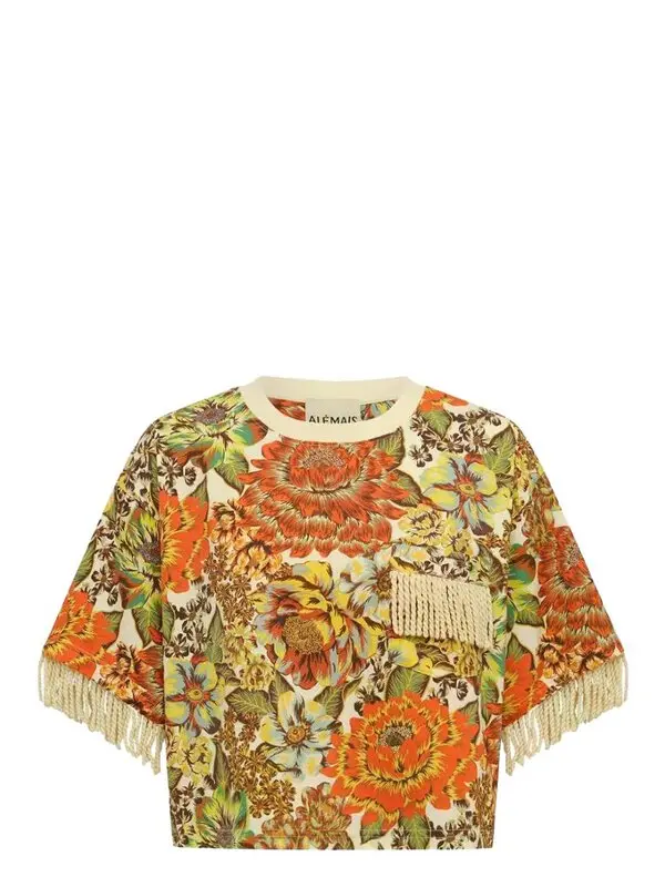 ALEMAIS Floral Print Fringe Trim T-shirt - Orange