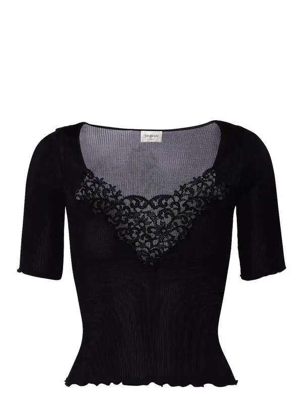 Saint Laurent Lace-trimmed Ribbed-knit Silk Top - Black