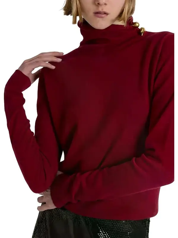Alberta Ferretti Burgundy Fine Knit Roll Neck Sweater With Gold-tone Button Detailing - Red