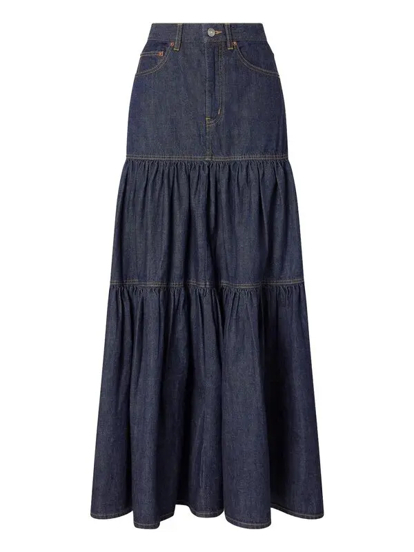Saint Laurent Tiered Denim Maxi Skirt - Blue