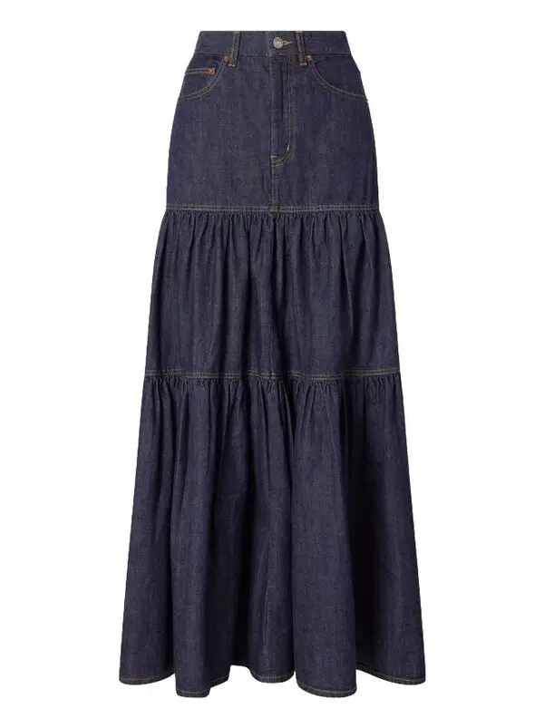 Saint Laurent Tiered Denim Maxi Skirt - Blue