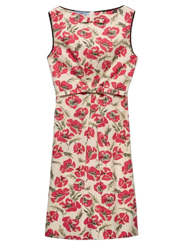 Prada Sleeveless Floral Print Boatneck Dress - Red