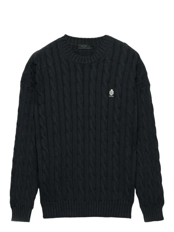 Prada Cotton Cable-knit Crew Neck Sweater - Black