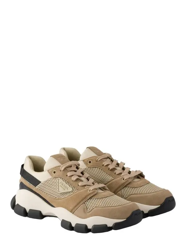 Prada Mesh And Suede Lace-up Sneakers - Neutral