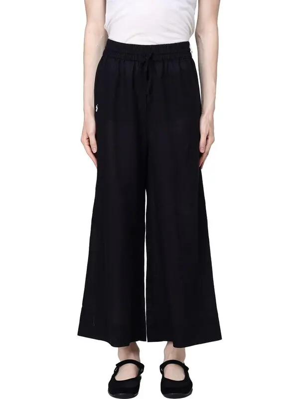 Polo Ralph Lauren Palazzo Cropped Linen Trousers With Embroidered Logo - Black