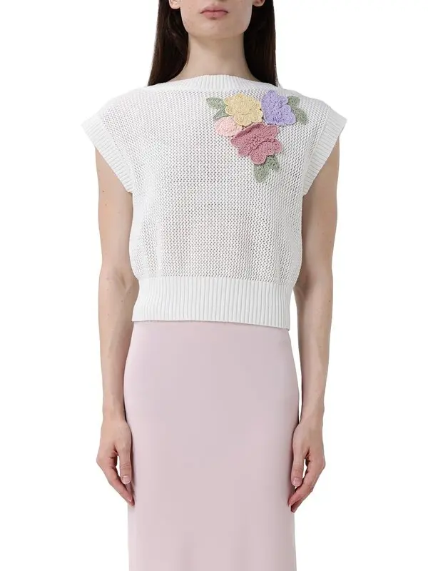 TWINSET Crochet Knit Sleeveless Top With Floral Appliqu - Sand