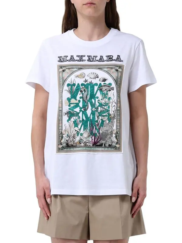 Max Mara Crewneck Cotton T-shirt With Graphic Logo Print - White