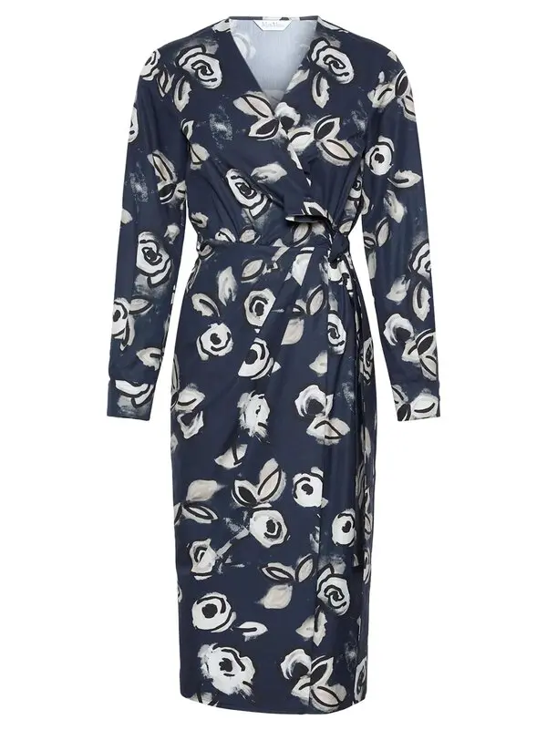 Max Mara Printed Cotton Midi Wrap Dress - Navy