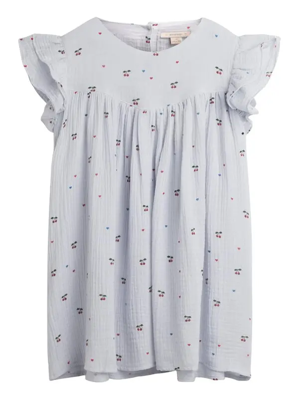 KONGES SLOJD Konges Sløjd Organic Cotton Cherry Print Frill Sleeve Dress - Blue
