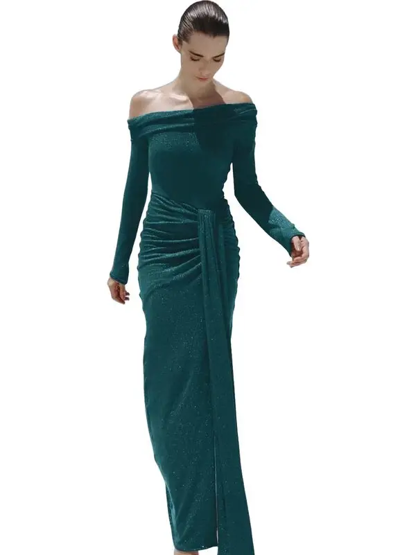 BAOBAB Reene Maxi Dress With Glossy Finish And Draped Detail - Hunter