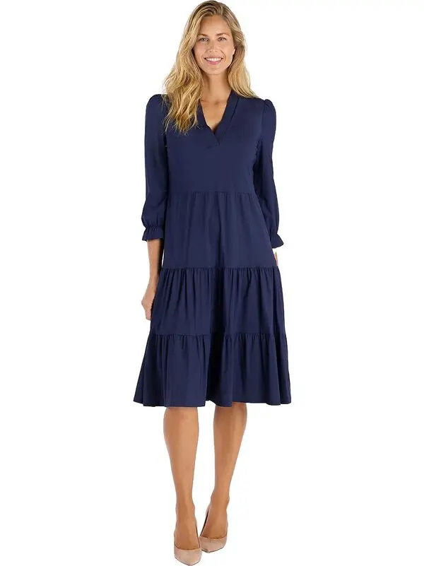 Jude Connally Tiered Midi Dress With V-neckline And Flutter Cuffs - Navy