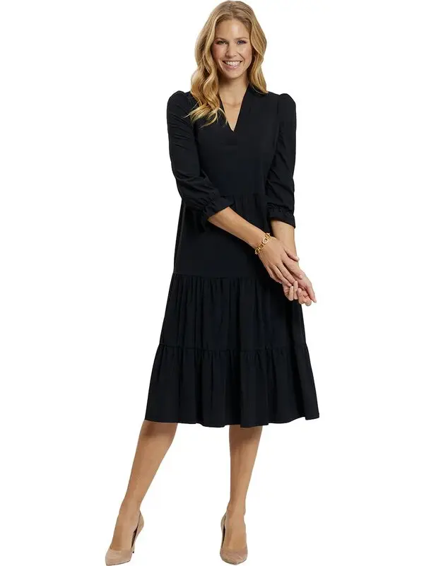 Jude Connally Maggie Tiered Midi Dress With Flutter Smocked Cuff Sleeves - Black
