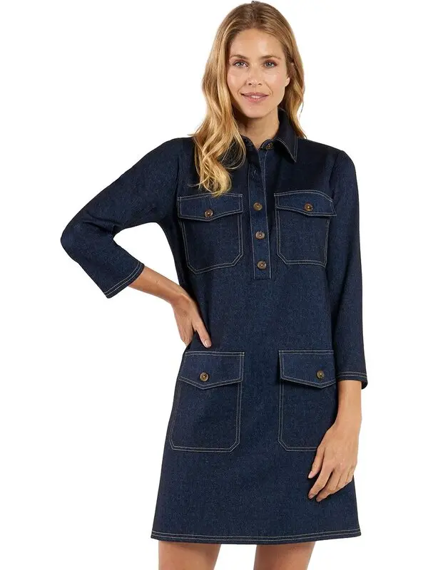 Jude Connally Denim Shift Dress With Contrast Stitching - Navy Saddle