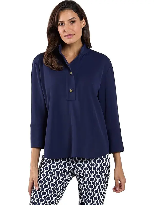 Jude Connally Belinda Top With Stand Collar And Gold Buttons - Navy