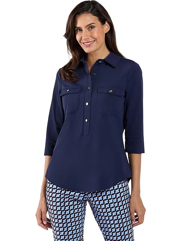 Jude Connally Sylvia Top With Pointed Collar And 3/4 Sleeves - Navy