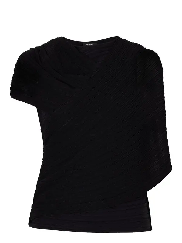 Balmain Draped Ribbed Jersey Blouse - Black