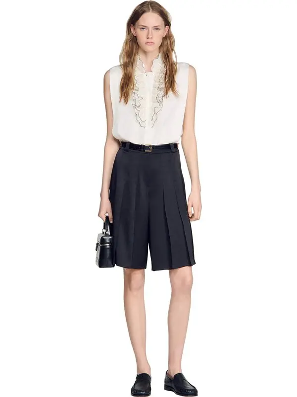 Sandro Long High-waisted Pleated Shorts - Black
