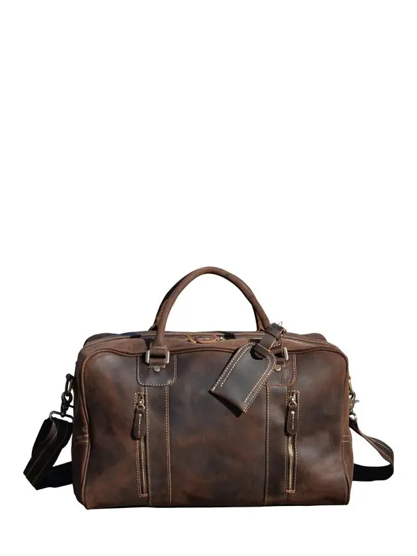 TOURI Genuine Leather Overnight Bag With Adjustable Shoulder Strap - Brown