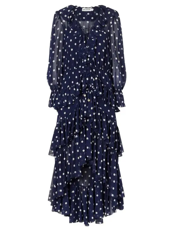 SELF-PORTRAIT Tiered Ruffled Polka Dot Georgette Midi Dress - Blue