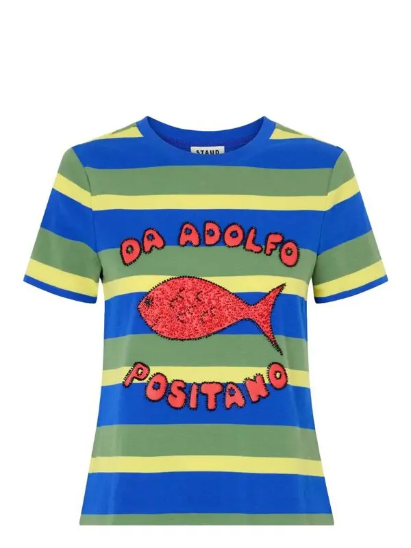 Staud X Da Adolfo Striped Cotton-blend T-shirt With Fish Emblem - Blue
