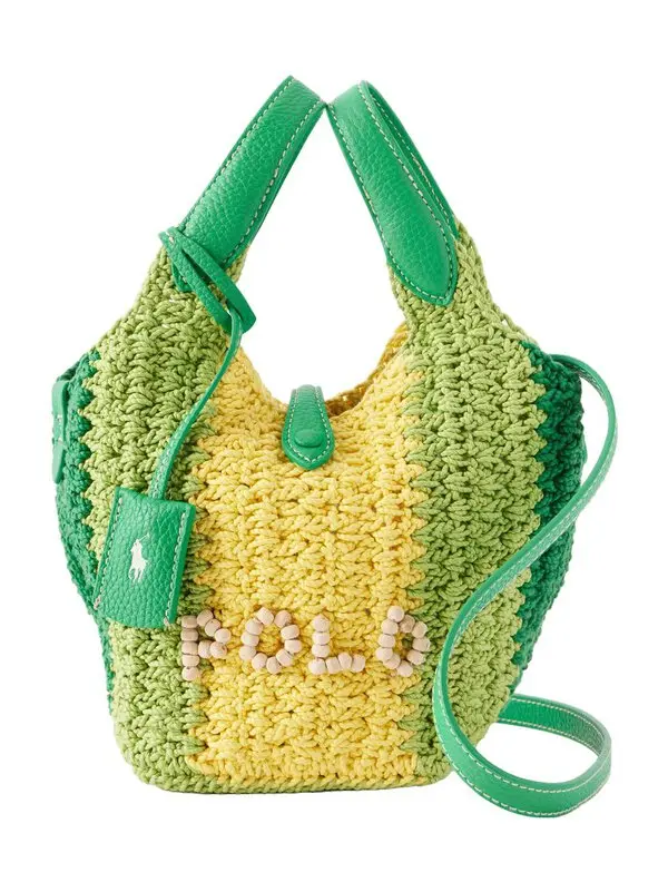 Polo Ralph Lauren Crocheted Bucket Bag With Leather Trim And Beaded Logo - Green