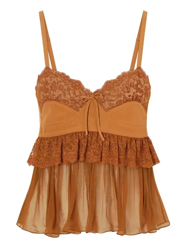 Chloé Lace-trimmed Silk Crepe Tank - Brown