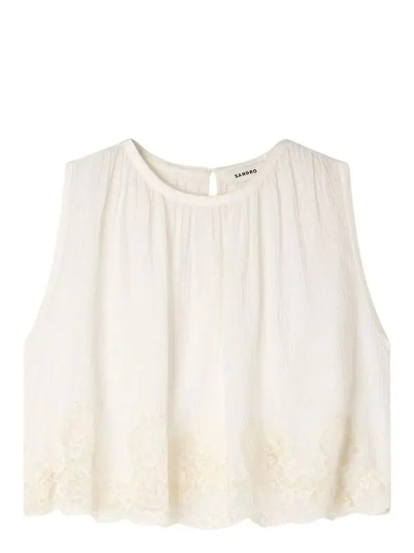Sandro Crepon Crop Top With Lace Trim - Black