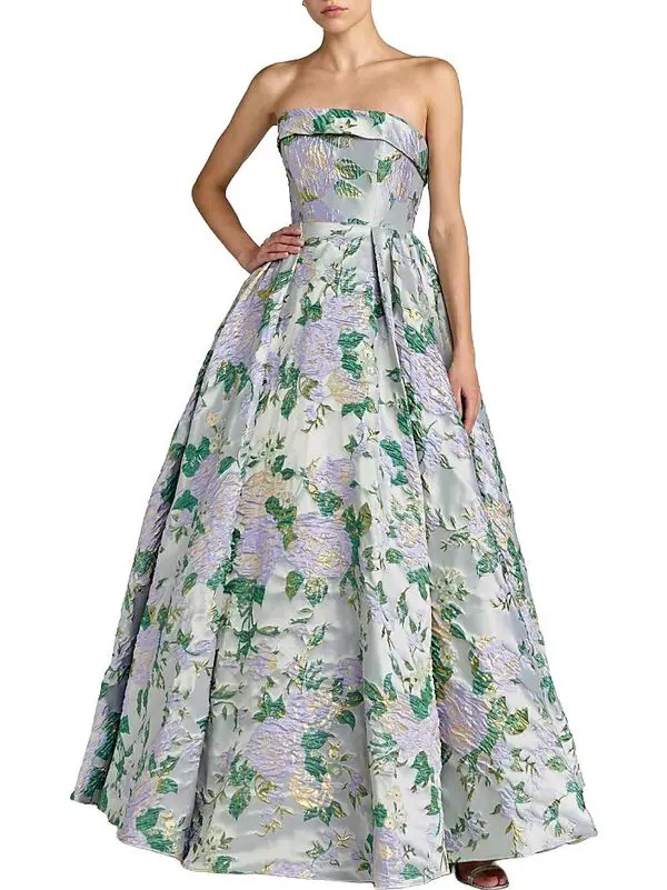 Mac Duggal Floral Strapless Brocade Ball Gown - Lilac Multi