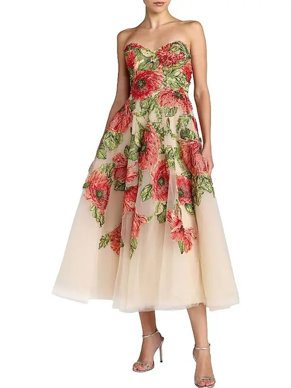 Mac Duggal Embroidered Mesh Strapless A-line Midi Dress - Nude Multi